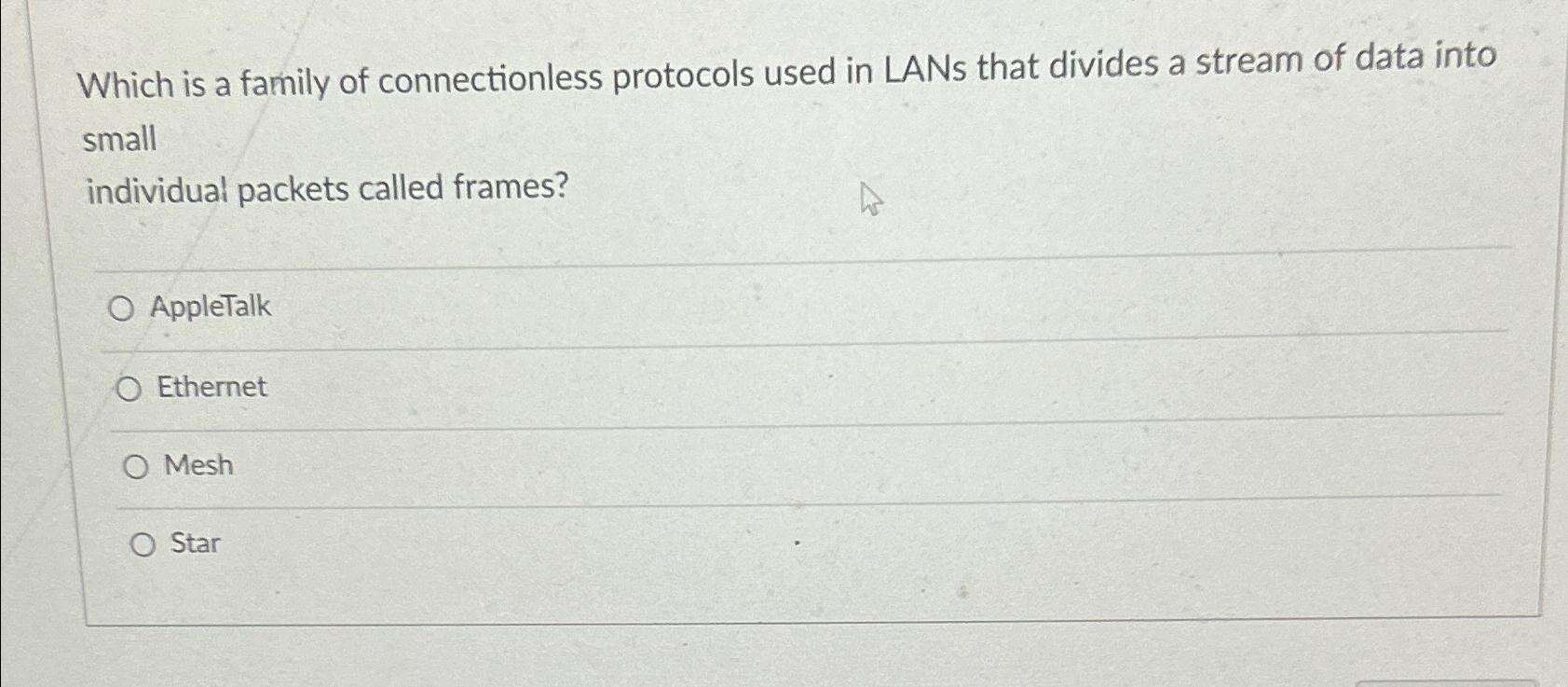 Solved Which is a family of connectionless protocols used in | Chegg.com