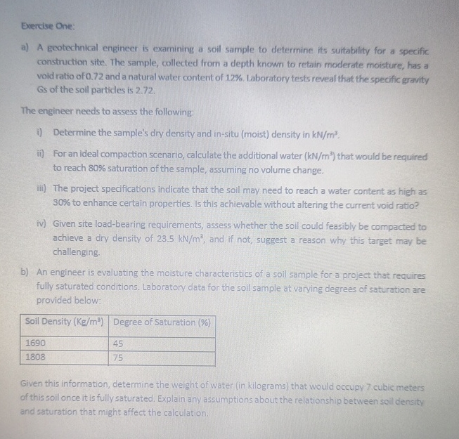 Solved Exercise One:a) ﻿A geotechnical engineer is examining | Chegg.com