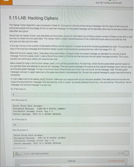 Solved LAE ACTIVITY 5.151: LAB: Hacking Ciphers 0/1 main.py | Chegg.com