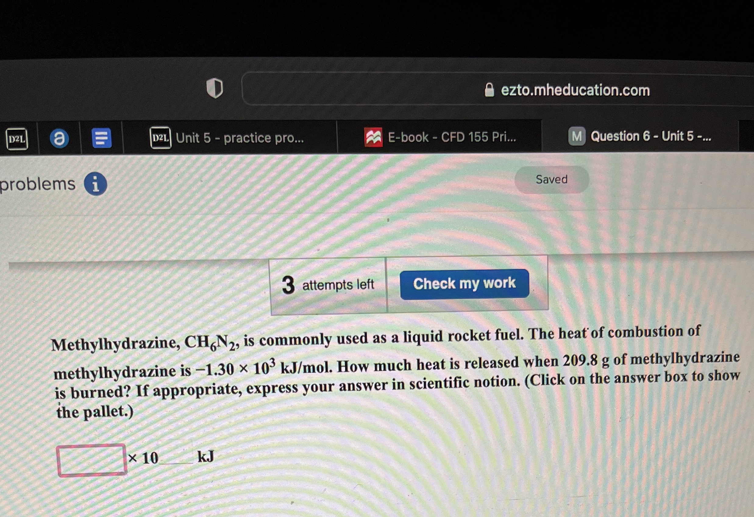 Solved Methylhydrazine, CH6N2, ﻿is commonly used as a liquid | Chegg.com