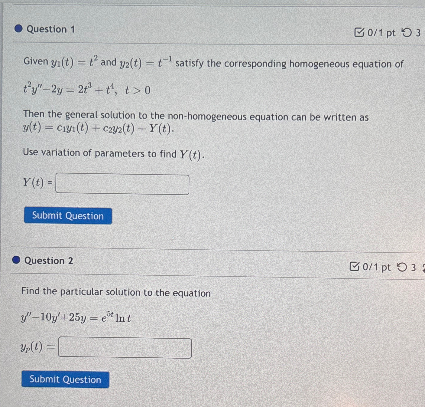 Solved Question 101 ﻿pt 3Given y1(t)=t2 ﻿and y2(t)=t-1 | Chegg.com