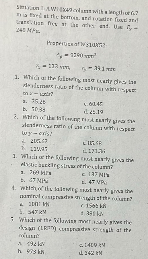 Solved Situation 1: A W10X49 ﻿column with a length of 6.7 m | Chegg.com