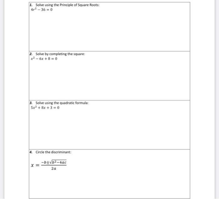 Solved 1. Solve using the Principle of Square Roots: 4r2 - | Chegg.com