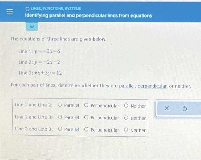 Solved = LINES, FUNCTIONS, SYSTEMS Identifying parallel and | Chegg.com Solved = LINES, FUNCTIONS, SYSTEMS Identifying parallel and | Chegg.com