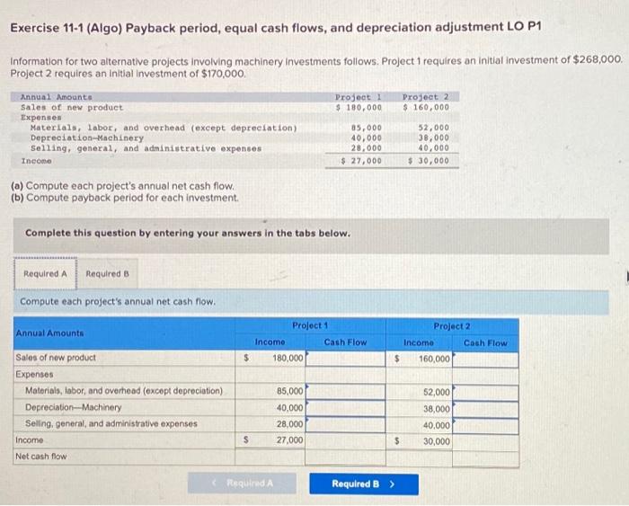 Solved Exercise 11-1 (Algo) Payback period, equal cash | Chegg.com