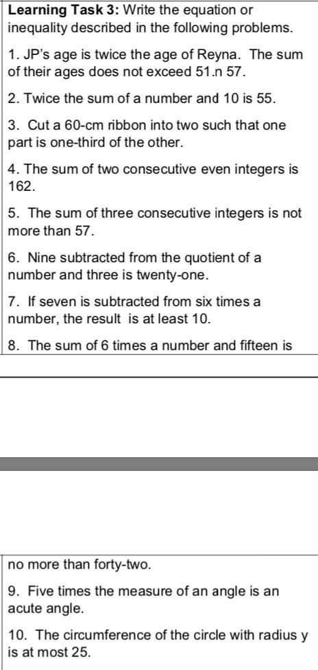 Solved Learning Task 3: Write the equation or inequality | Chegg.com