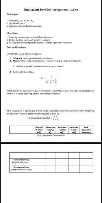 Objectives: L. To configure resistances in parallel | Chegg.com