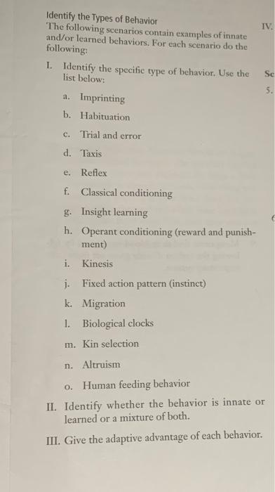 Solved Identify the Types of Behavior The following | Chegg.com