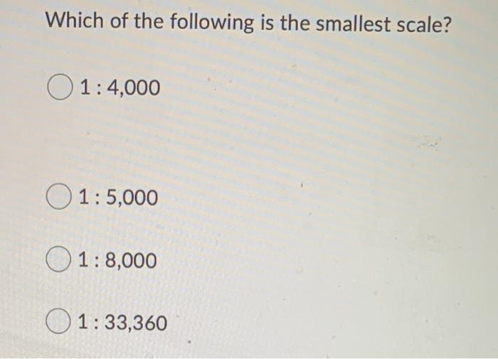 Solved Which of the following is the smallest scale? 1:4,000 | Chegg.com