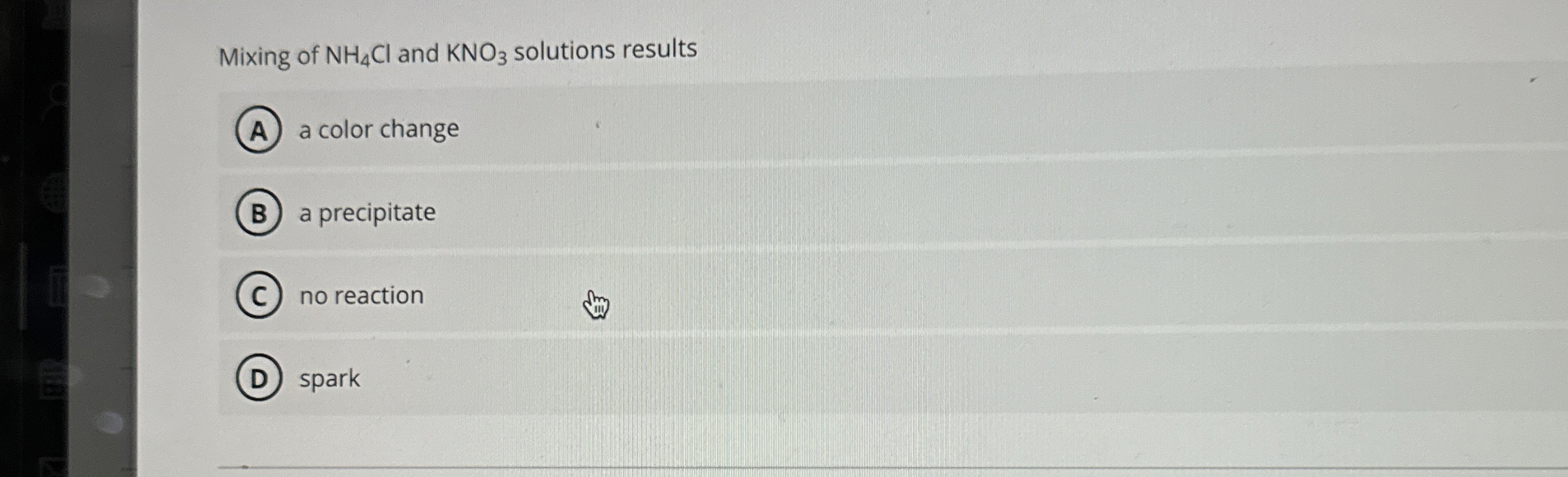Solved Mixing of NH4Cl ﻿and KNO3 ﻿solutions resultsa color | Chegg.com