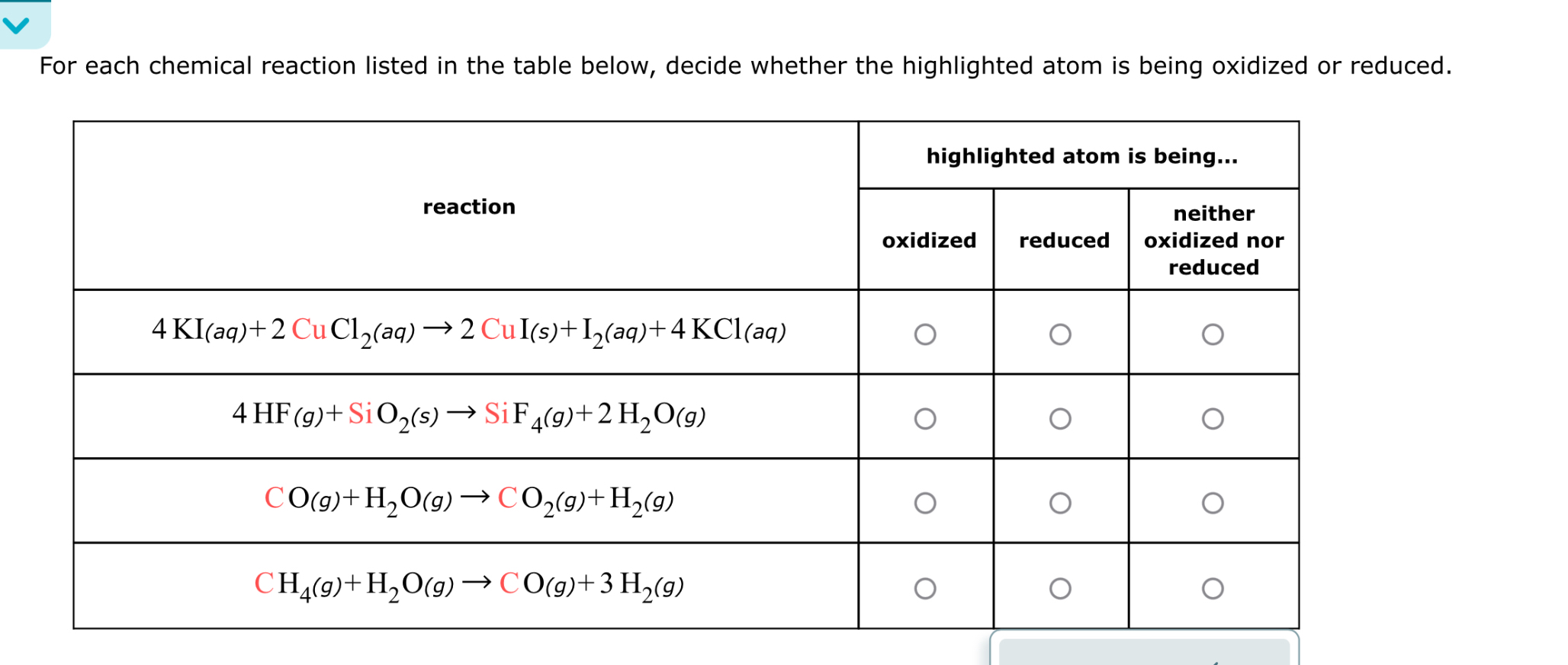 Solved For each chemical reaction listed in the table below, | Chegg.com