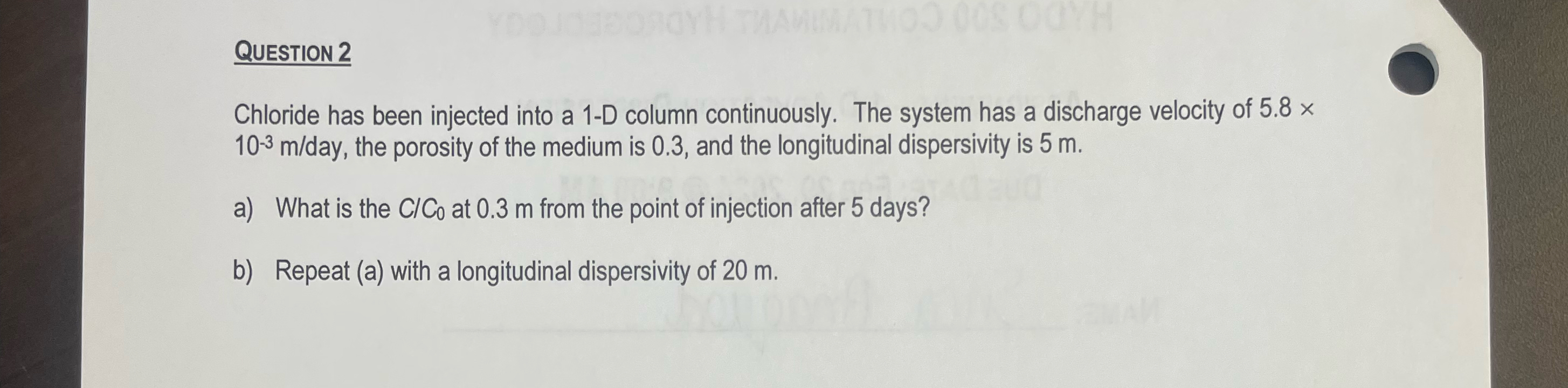 Solved QUeStION 2Chloride has been injected into a 1-D | Chegg.com