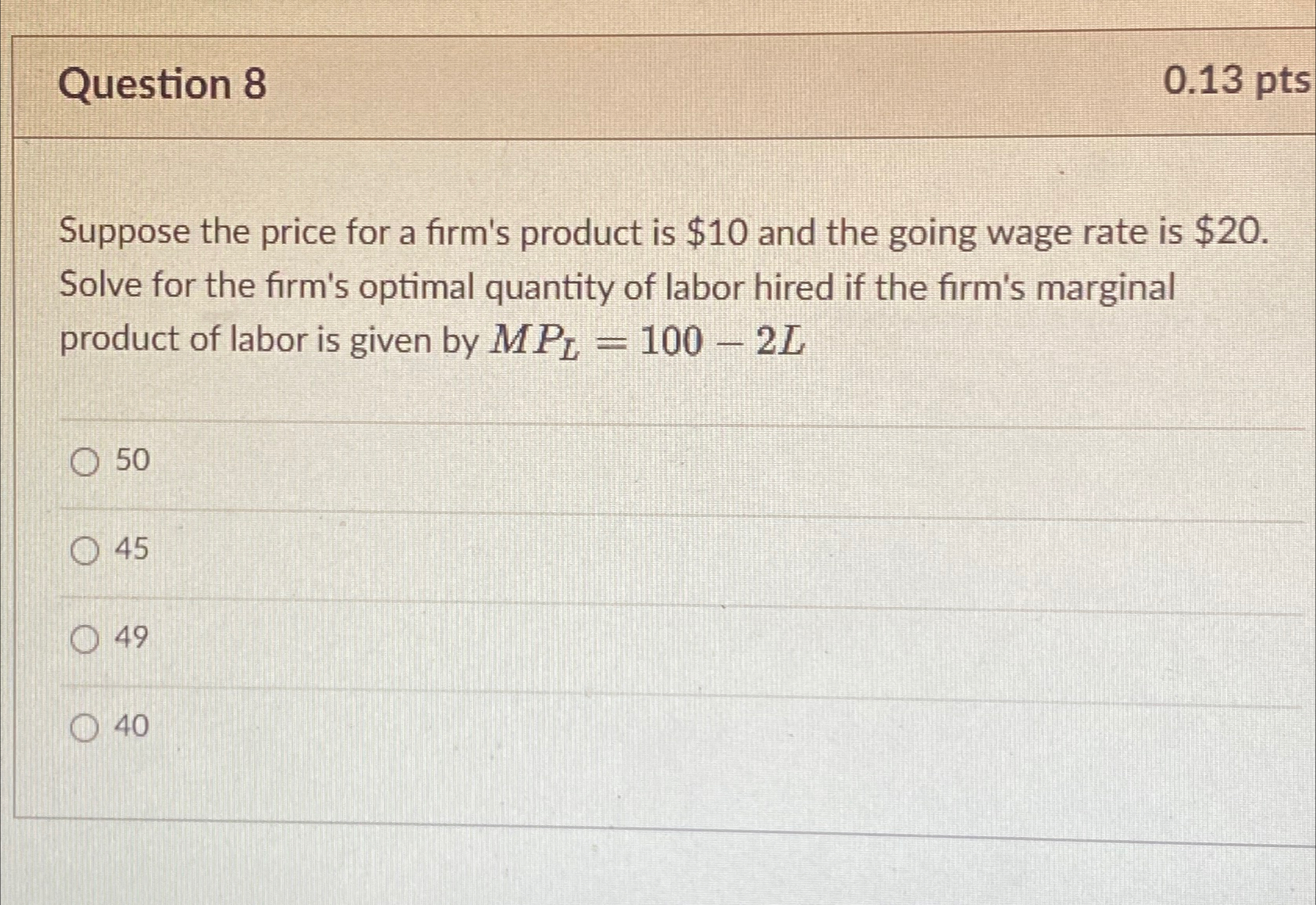 Solved Question 80.13ptsSuppose the price for a firm's | Chegg.com