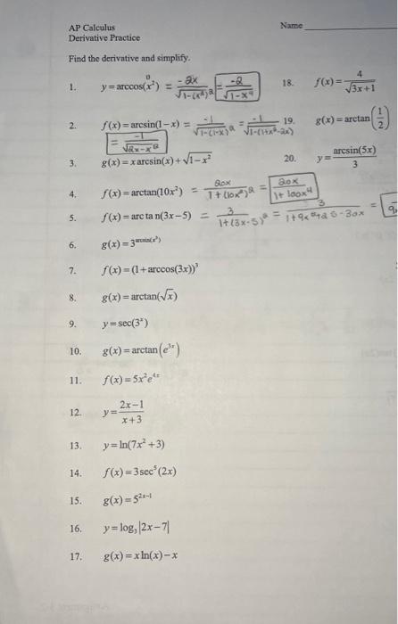 Solved Name AP Calculus Derivative Practice Find the | Chegg.com