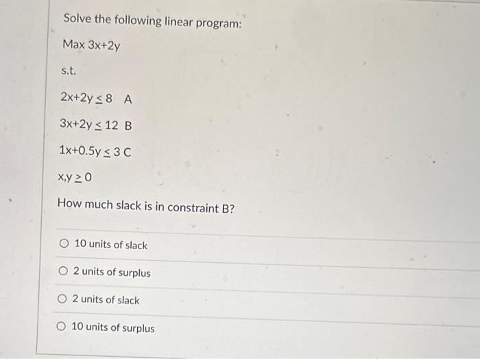 Solved Solve the following linear program: Max 3x+2y s.t. | Chegg.com