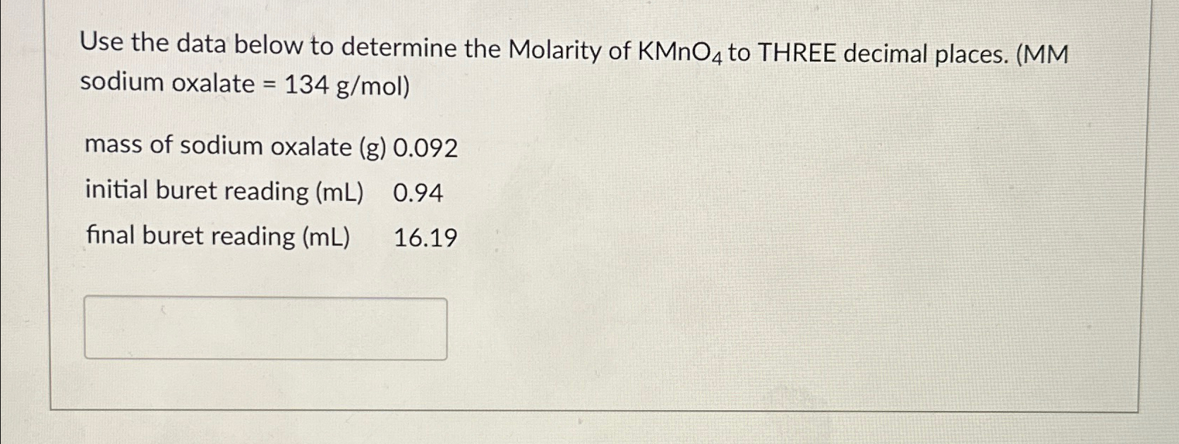 Solved Use the data below to determine the Molarity of KMnO4 | Chegg.com