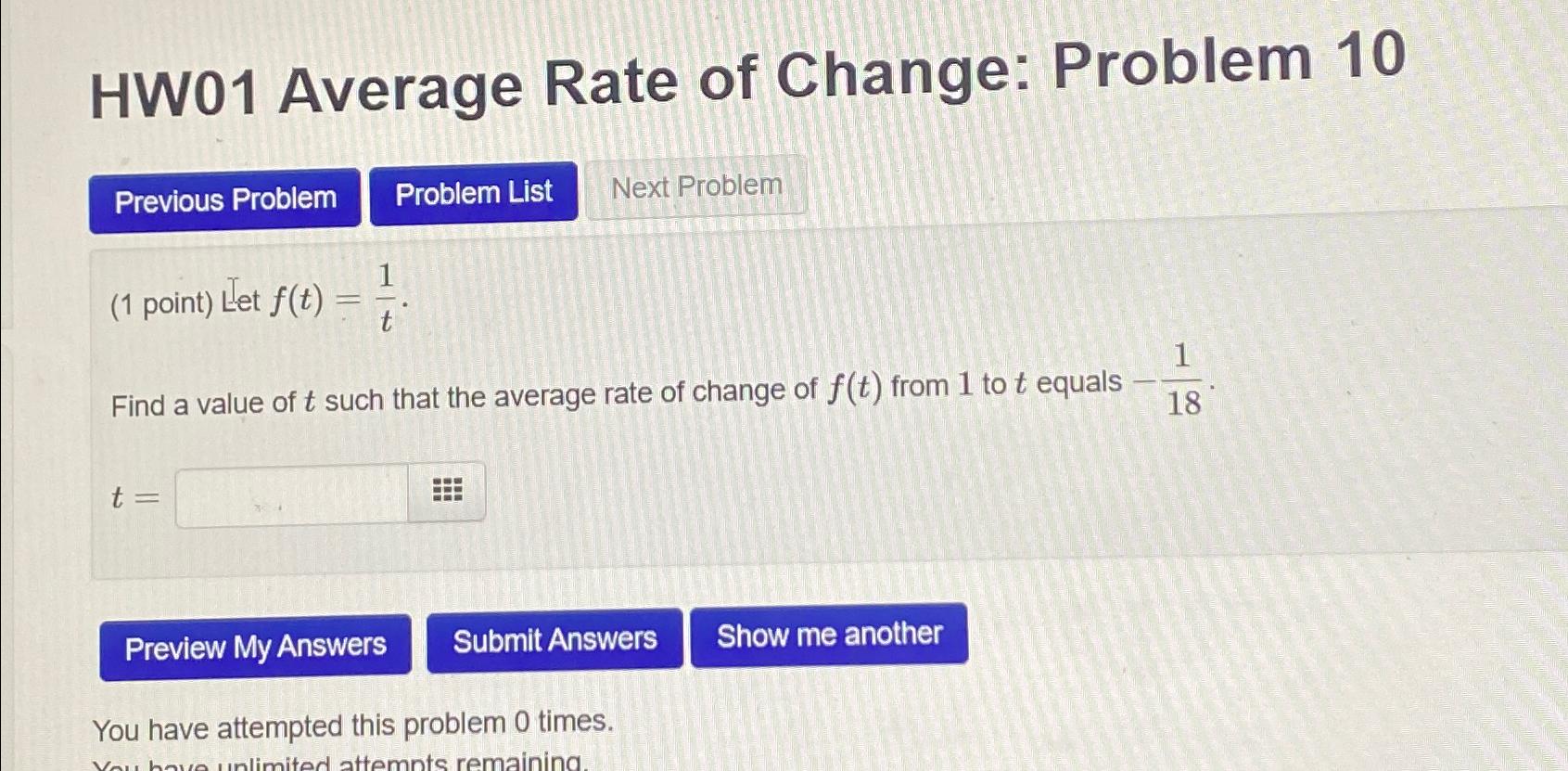 Solved HW01 ﻿Average Rate of Change: Problem 10(1 ﻿point) | Chegg.com