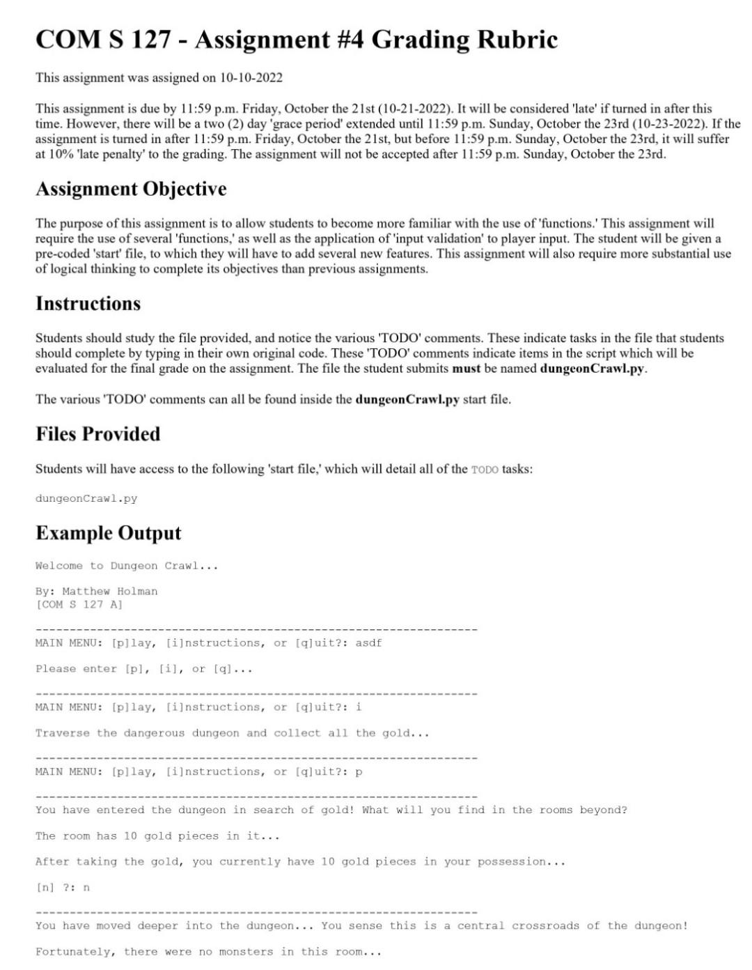 COM S 127 - Assignment #4 Grading Rubric This | Chegg.com