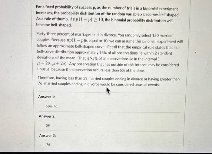 Solved For a fixed probability of success p, as the number | Chegg.com