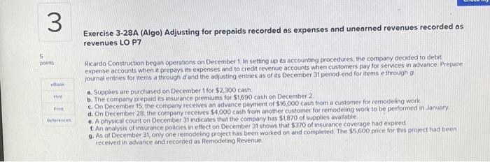 Solved 3 Exercise 3-28A (Algo) Adjusting for prepoids | Chegg.com