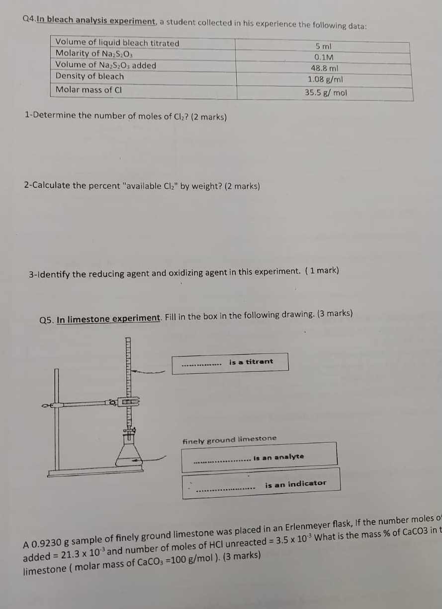 Solved Q4.In bleach analysis experiment, a student collected | Chegg.com
