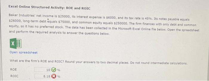 Solved Excel Online Structured Activity: ROE and ROIC Baker | Chegg.com