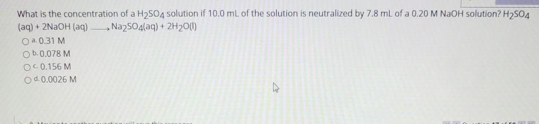 Solved What is the concentration of a H2SO4 solution if 10.0 | Chegg.com