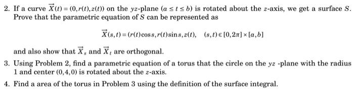 Solved 2 If A Curve X T 0 R T Z T On The Yz Plane