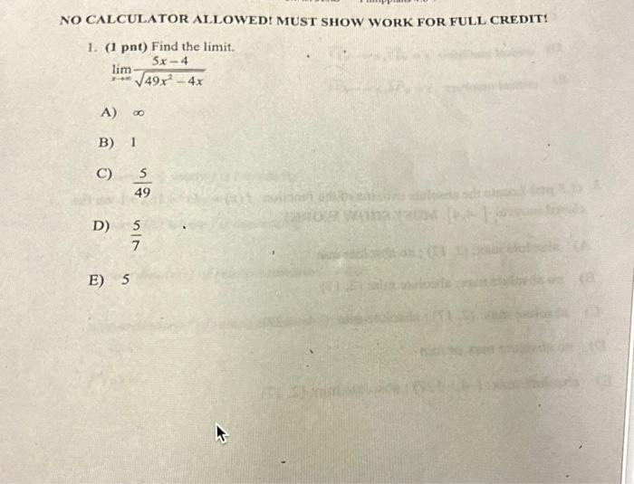 Solved NO CALCULATOR ALLOWED! MUST SHOW WORK FOR FULL | Chegg.com