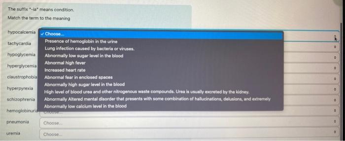 Solved The suffix "-ia" means condition. Match the term to | Chegg.com
