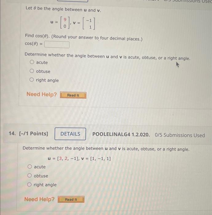 Solved Let θ be the angle between u and v. u=[90],v=[−11] | Chegg.com
