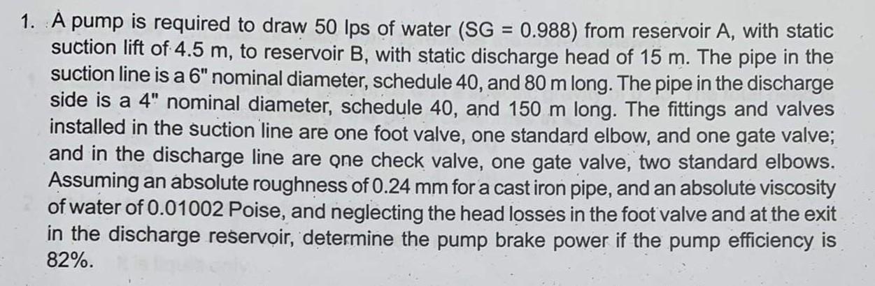 Solved A pump is required to draw 50 lps of water (SG=0.988) | Chegg.com