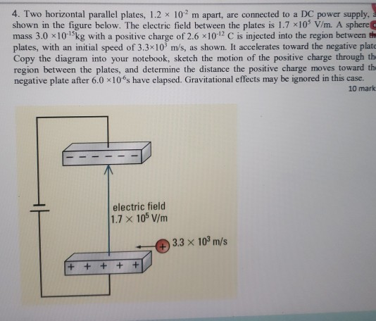 Solved 4. Two horizontal parallel plates, 1.2 x 102 m apart, | Chegg.com