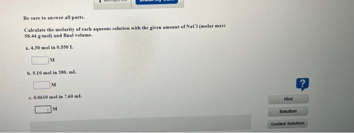 Solved Be sure to answer all parts. Calculate the molarity | Chegg.com