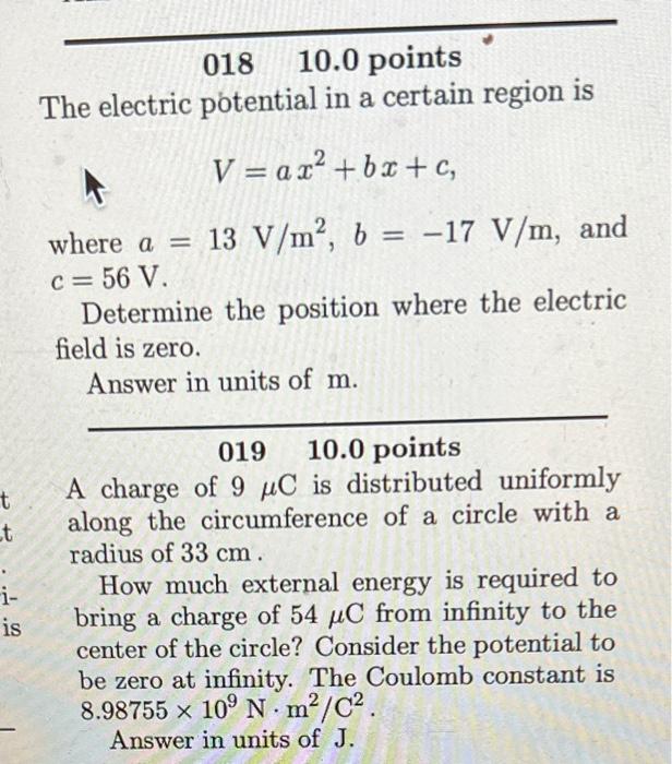 Solved The electric potential in a certain region is | Chegg.com