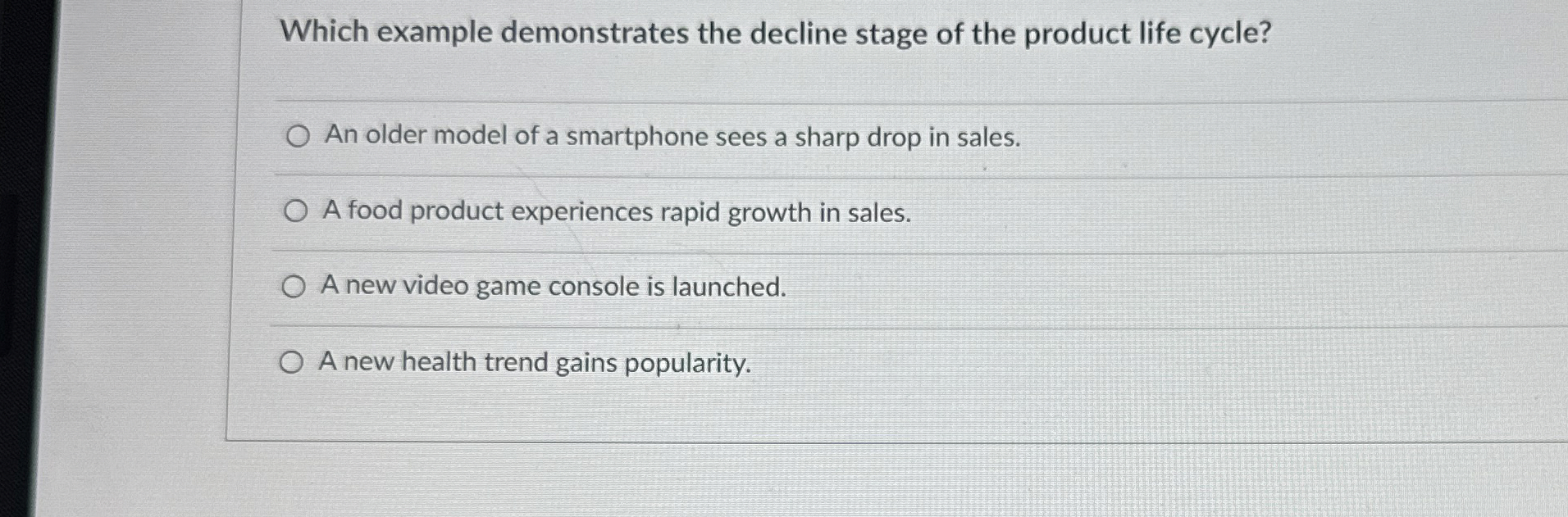 Solved Which example demonstrates the decline stage of the | Chegg.com