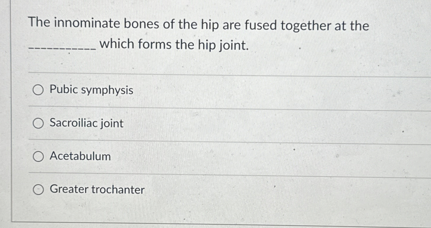Solved The innominate bones of the hip are fused together at | Chegg.com