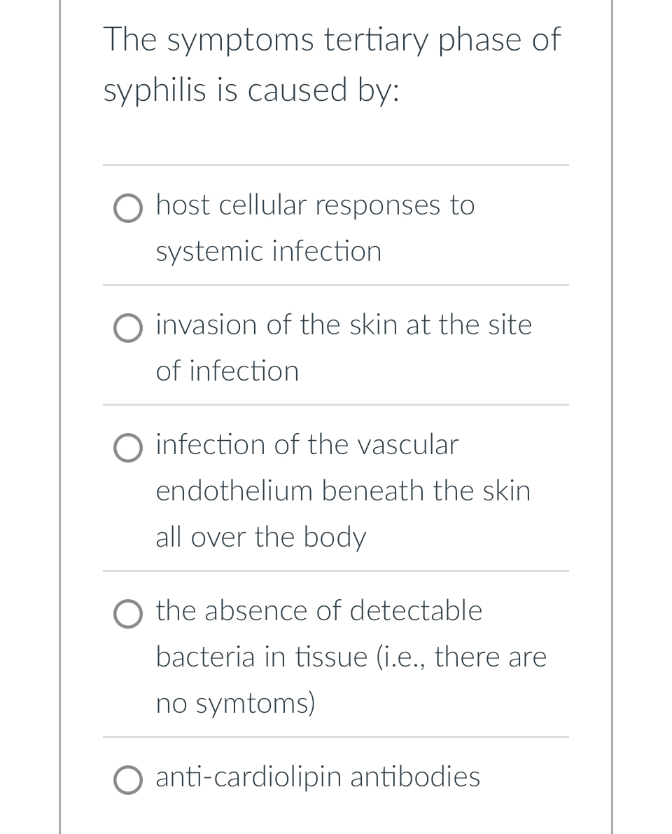 Solved The symptoms tertiary phase of syphilis is caused | Chegg.com