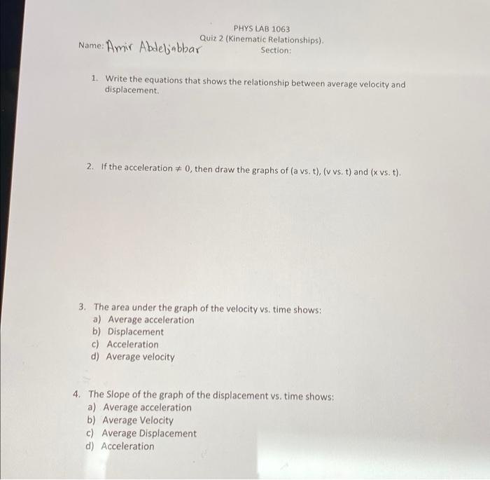 Solved PHYS LAB 1063 Quiz 2 (Kinematic Relationships). | Chegg.com