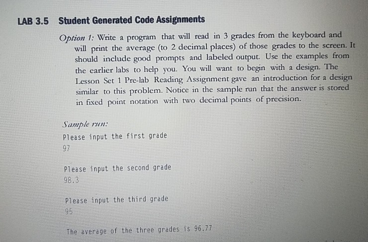 Solved LAB 3.5 Student Generated Code Assignments Option 1: | Chegg.com