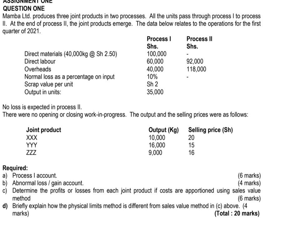 Solved QUESTION ONE Mamba Ltd. produces three joint products | Chegg.com