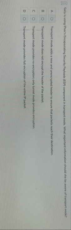 Solved Sally is using IPsec's Encapsulating Security | Chegg.com