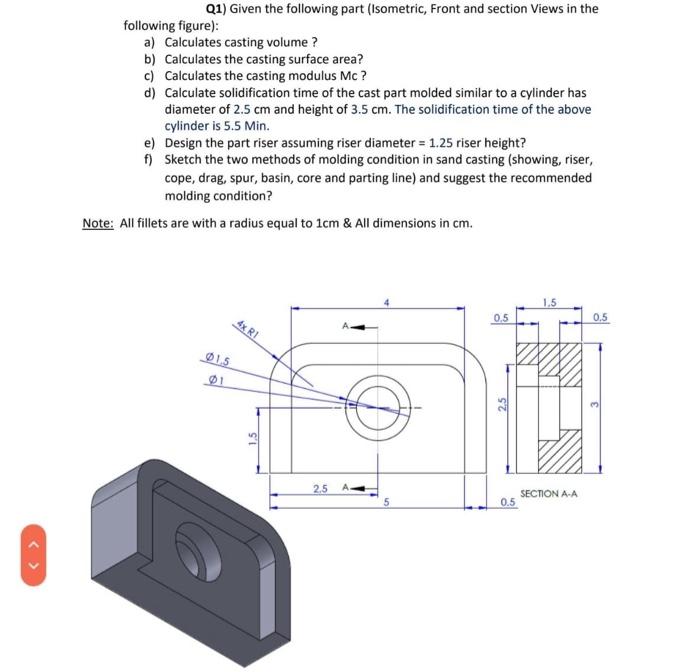 Solved Q1) Given the following part (Isometric, Front and | Chegg.com