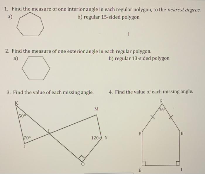 Solved 1. Find the measure of one interior angle in each | Chegg.com