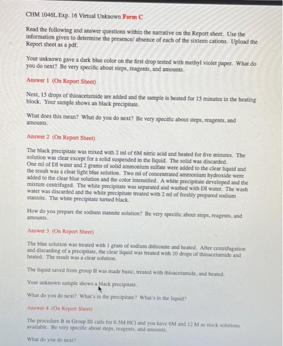 Solved CHM 1046L Exp. 16 Virtual Unknown Form Read the | Chegg.com