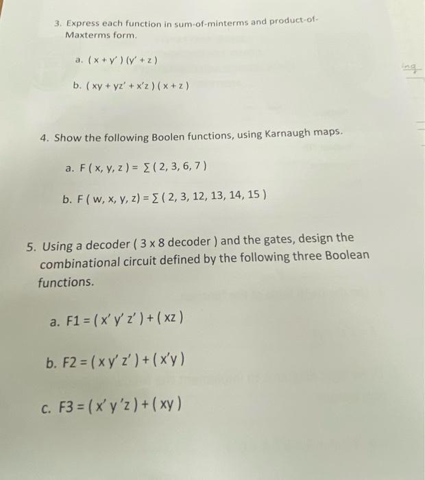 Solved 3. Express each function in sum-of-minterms and | Chegg.com