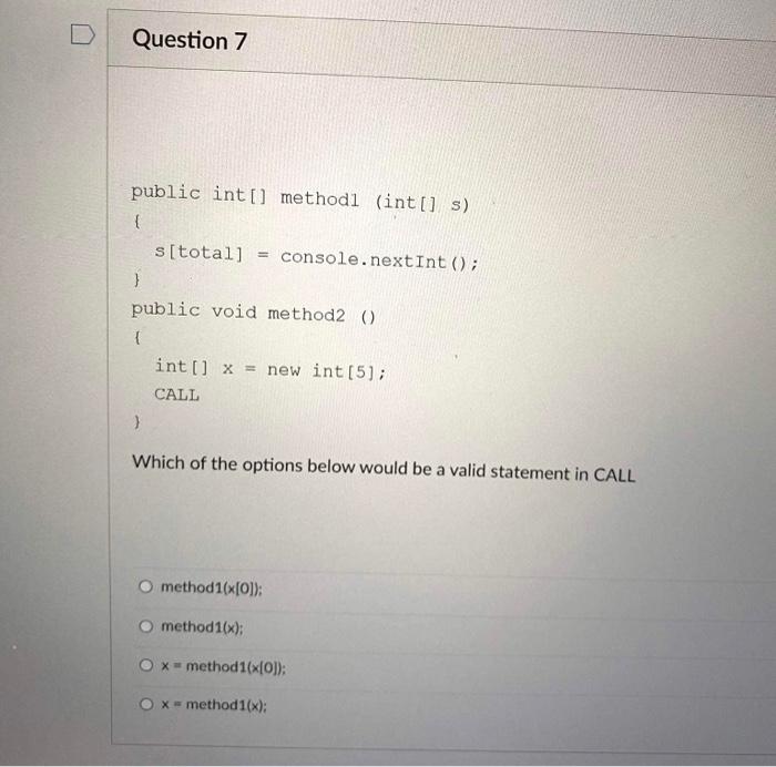 Solved public int [] methodl (int [] s) ( ) fotal] = | Chegg.com