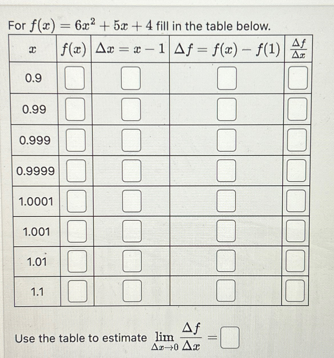 Solved For f(x)=6x2+5x+4 ﻿fill in the table | Chegg.com