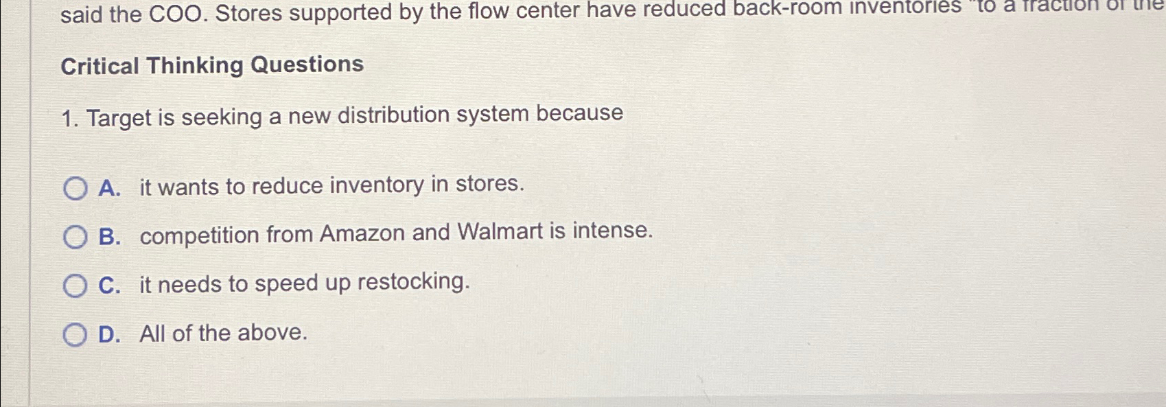 Solved said the COO. Stores supported by the flow center | Chegg.com