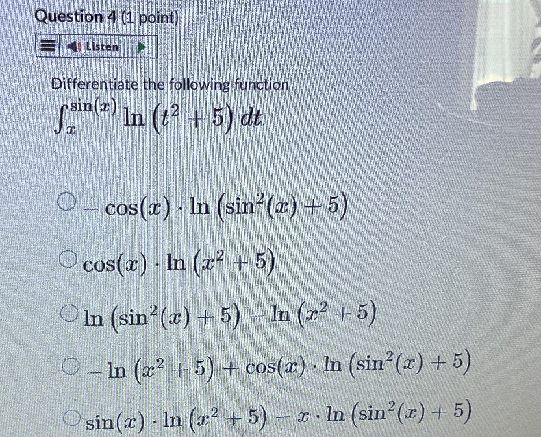 Solved Question 4 (1 ﻿point)Differentiate the following | Chegg.com